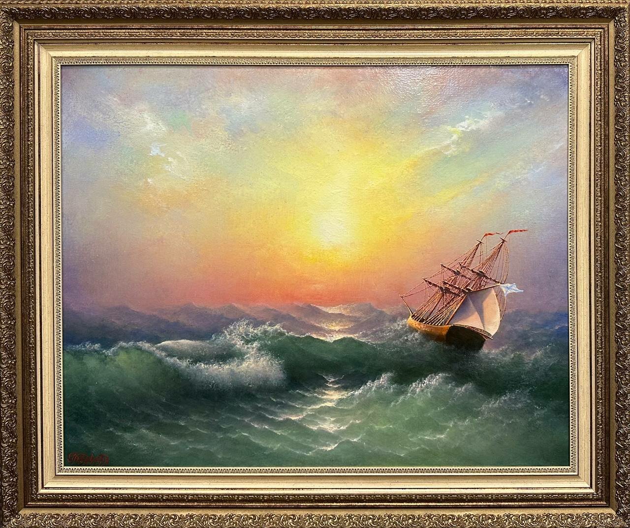 Картина маслом на холсте, корабль в море, морской пейзаж "По волнам"