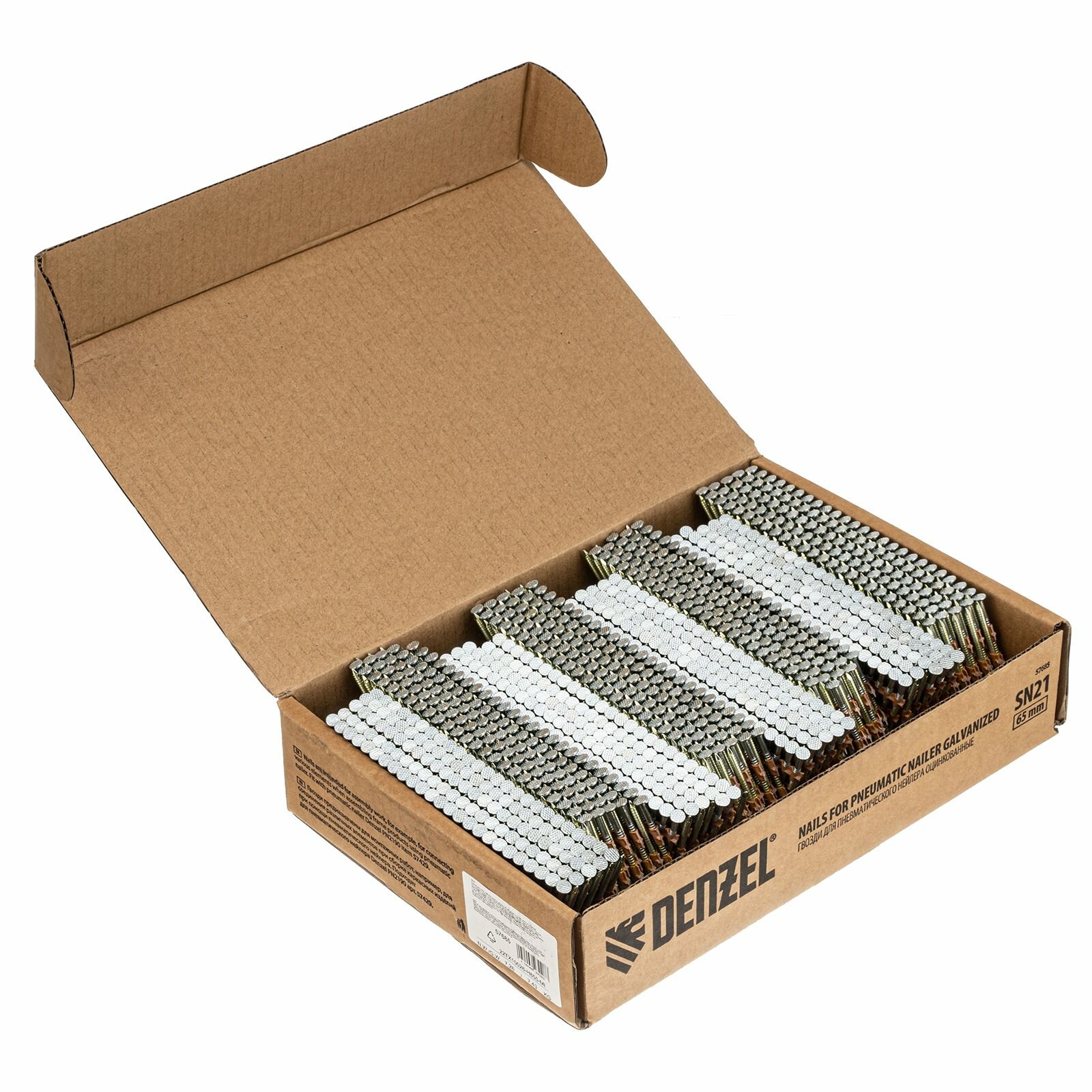 Гвозди для пневматического нейлера DENZEL оцинкованные, длина - 65 мм, диаметр - 2,9 мм, 2000 шт (57685)