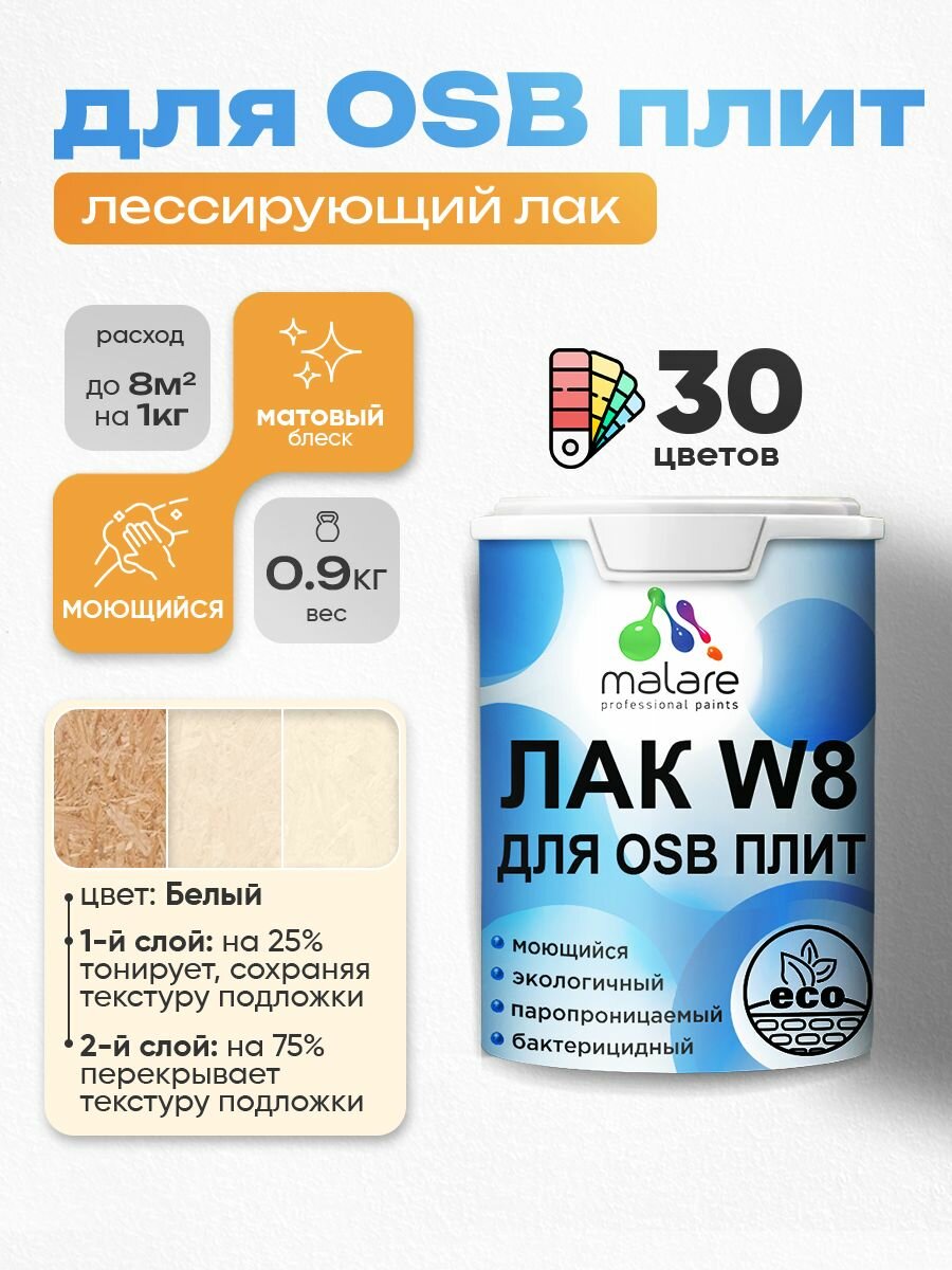 Лак колерованный тонирующий для защиты ОСБ плит Malare W8 для дерева и минеральных поверхностей, паропроницаемый водный без запаха, матовый, белый, 0.9 кг.