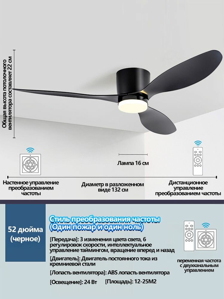 Потолочный вентилятор HOMELINK ZYJ287, Черный, 132 см, люстра с вентилятором потолочная, дистанционное управление