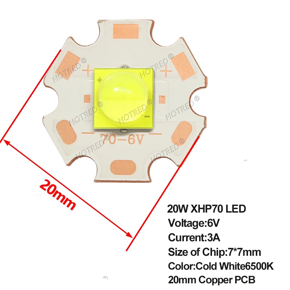 20W XHP70 LED, 6V, 6500K, 20mm, 10шт