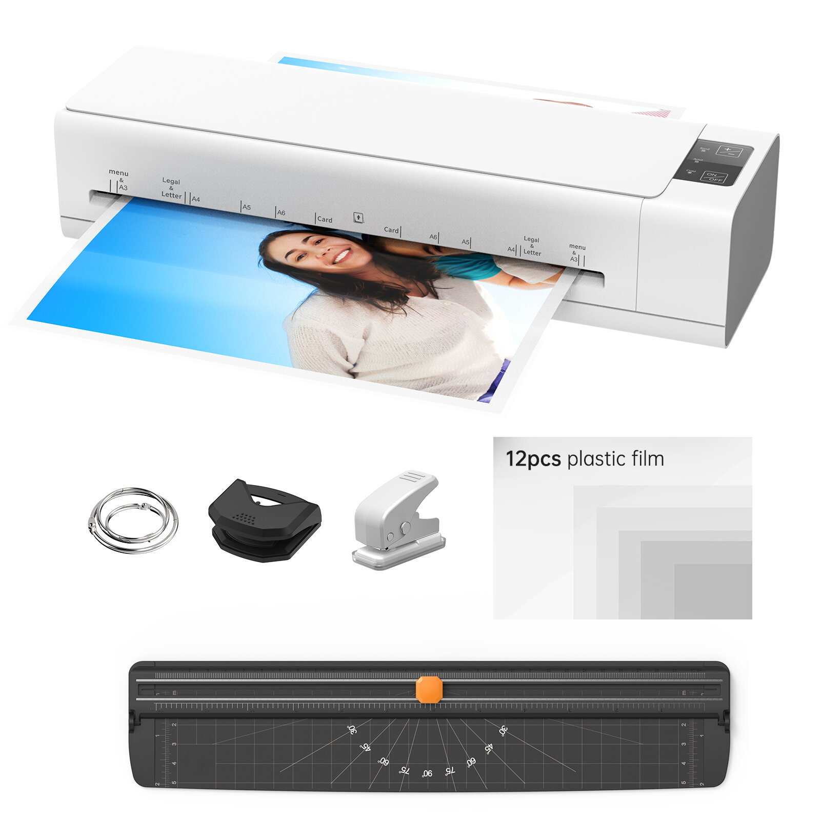 Комплект настольного ламинатора формата А3, многофункциональное горячее и холодное ламинирование, двухроликовая система, максимальная ширина 12,5 дюймов, с резаком для бумаги, триммером, закруглителем, дыроколом, обручем