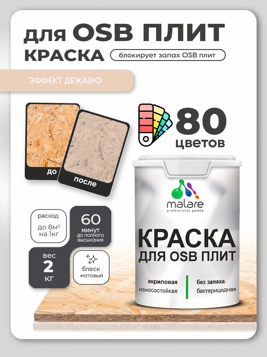Акриловая краска для ОСБ плит Malare для дерева для наружных и внутренних работ, быстросохнущая без запаха матовая, эффект дежавю, 2 кг