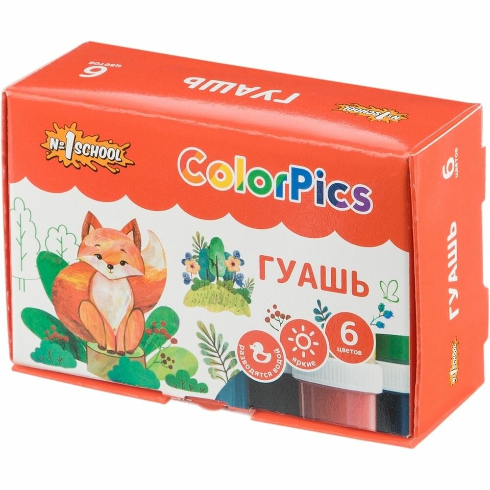 Гуашь №1 School "ColorPics", 6 цветов, 20 мл