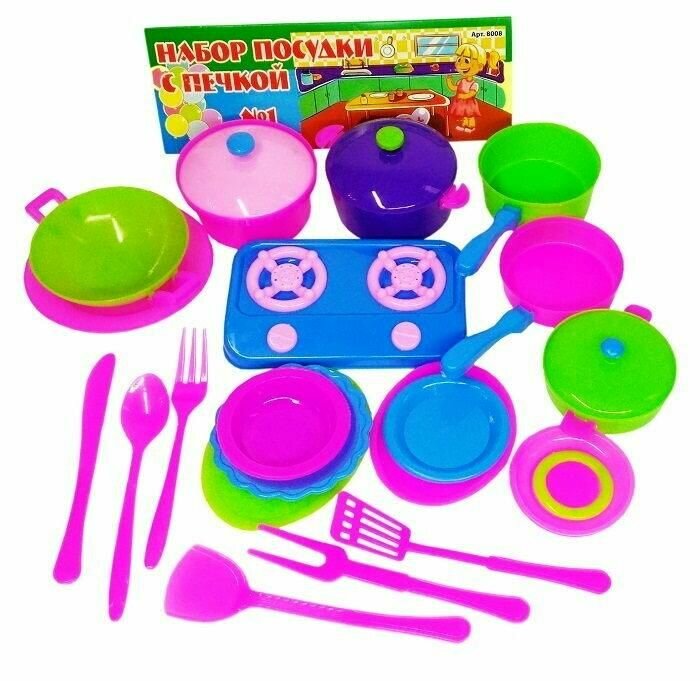 Набор игрушечной посуды Юг-Пласт печка, кастрюля, тарелки