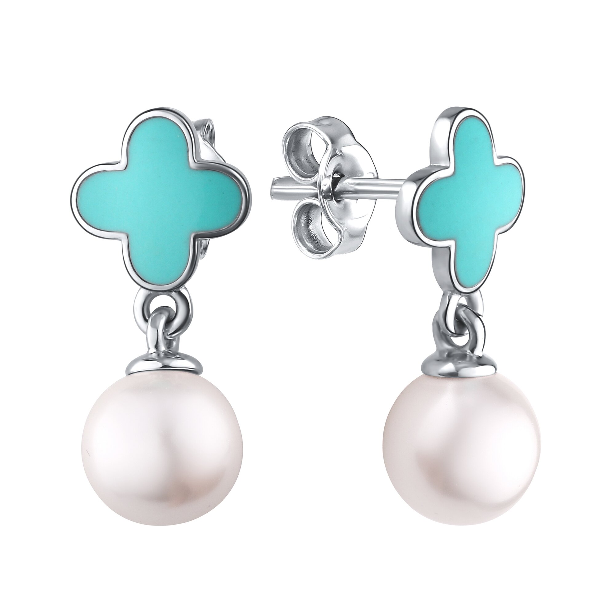 Серьги пусеты, серебро, 925 проба, родирование, жемчуг, эмаль