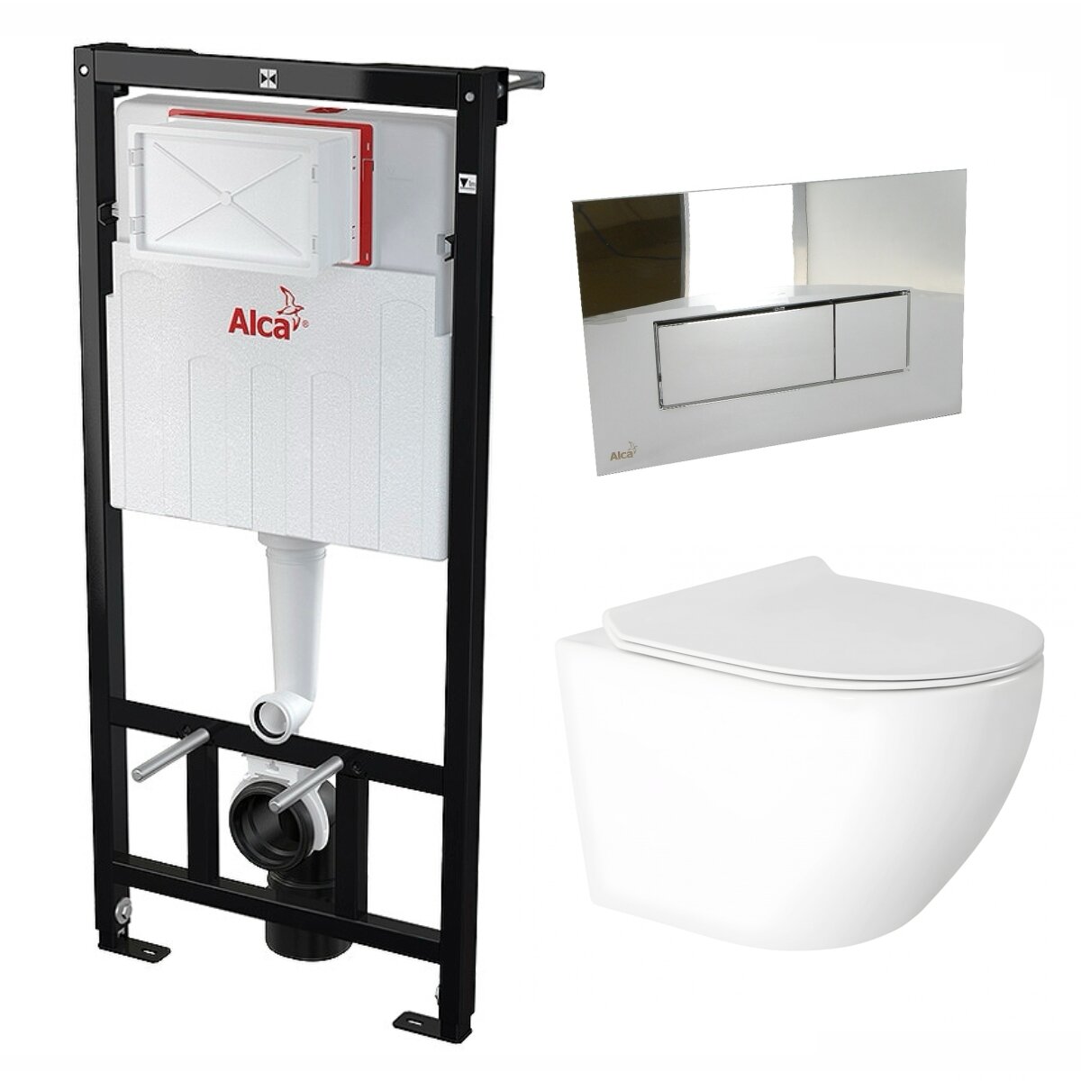 Комплект 3 в 1 инсталляция AlcaPlast AM101/1120-4:1 RU + Подвесной унитаз Enio Indigo с кнопкой хром прямоугольной AM101/1120-4:1 RU M571-0001 + EN2870533