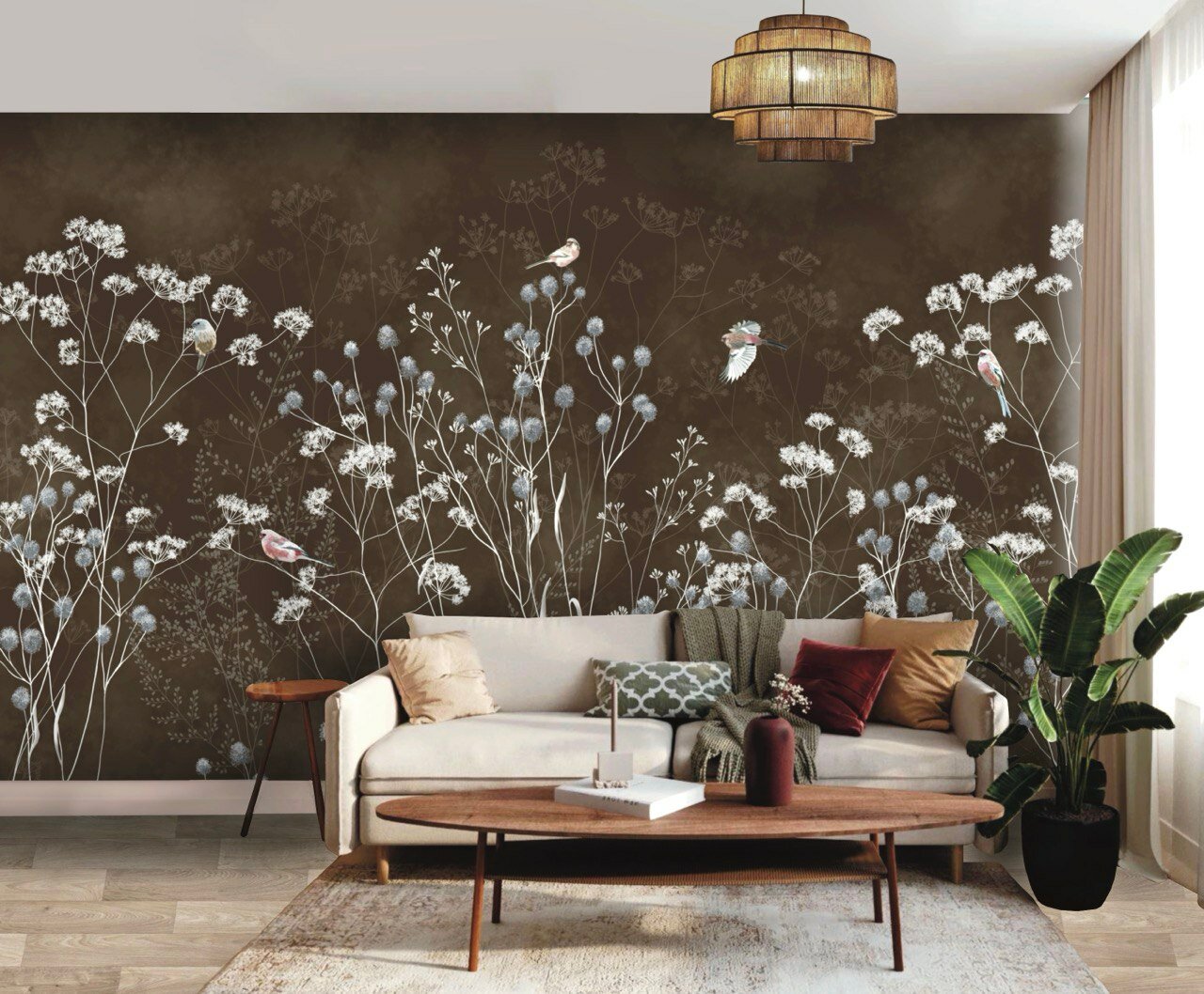 Фреска бесшовная "Птички Урагусы" коричневый (ширина 2550мм х длина 2000мм)