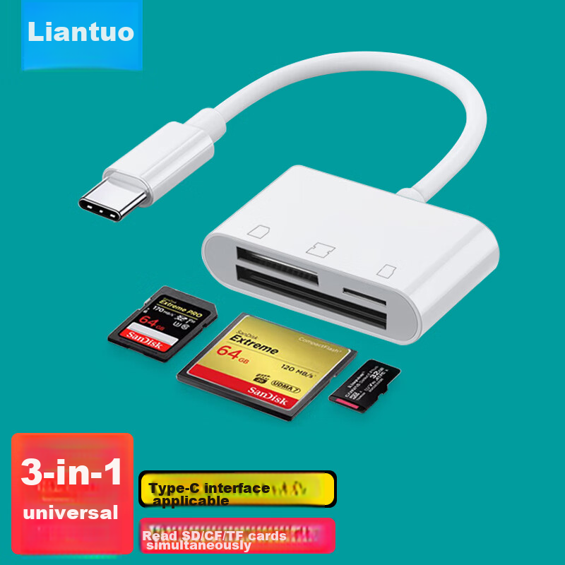 Liantuo Type-C Multifunctional 3-In Card Reader, Type-C High-Speed Reading And Writing, Supports TF/SD/CF And Other Phone Cards And Camera Cards