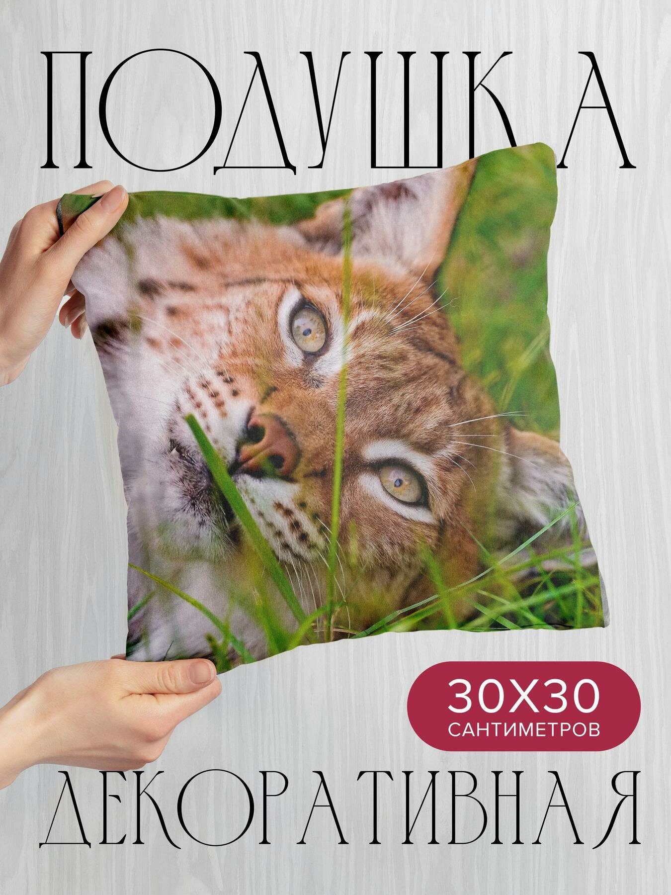 Подушка декоративная, 30x30см / Животные / рысь / трава