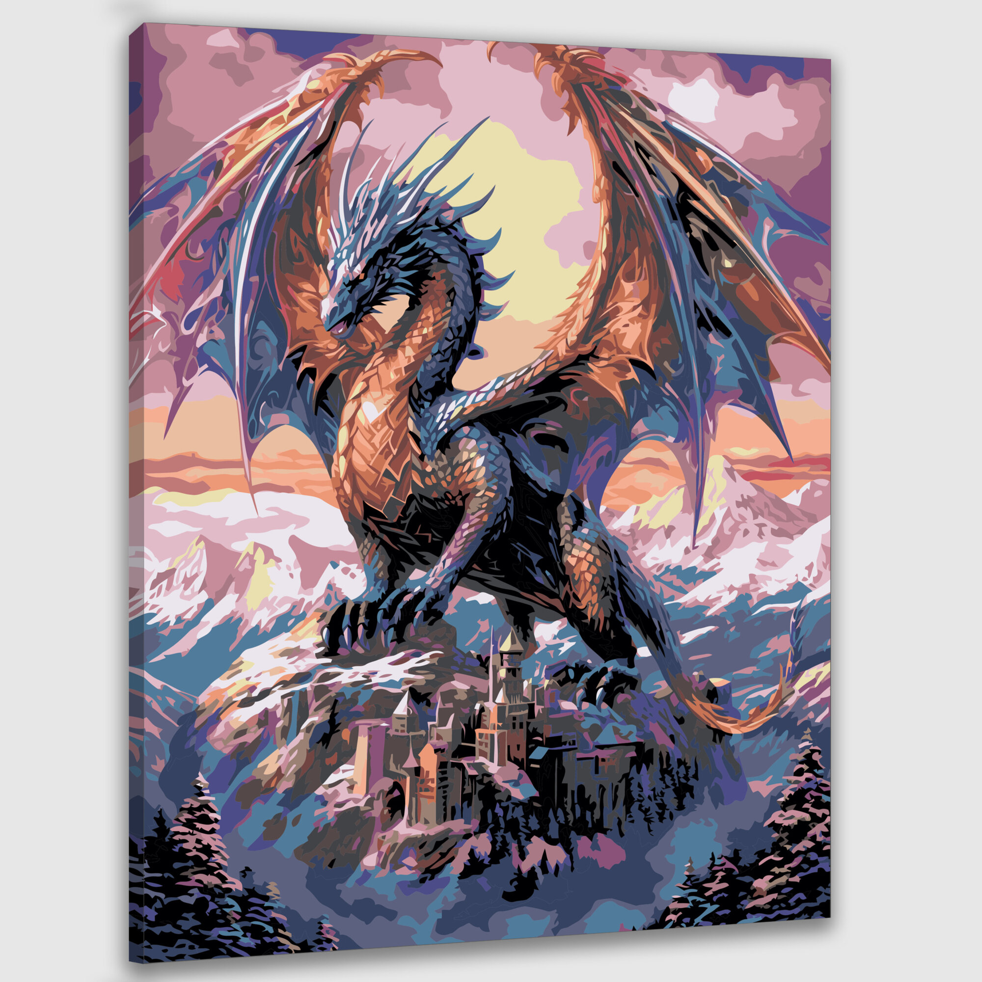 Картина по номерам 40x50 см, дракон, хрустальная гора, радужная чешуя, крылья, узоры, цвета, драгоценные камни, сияние