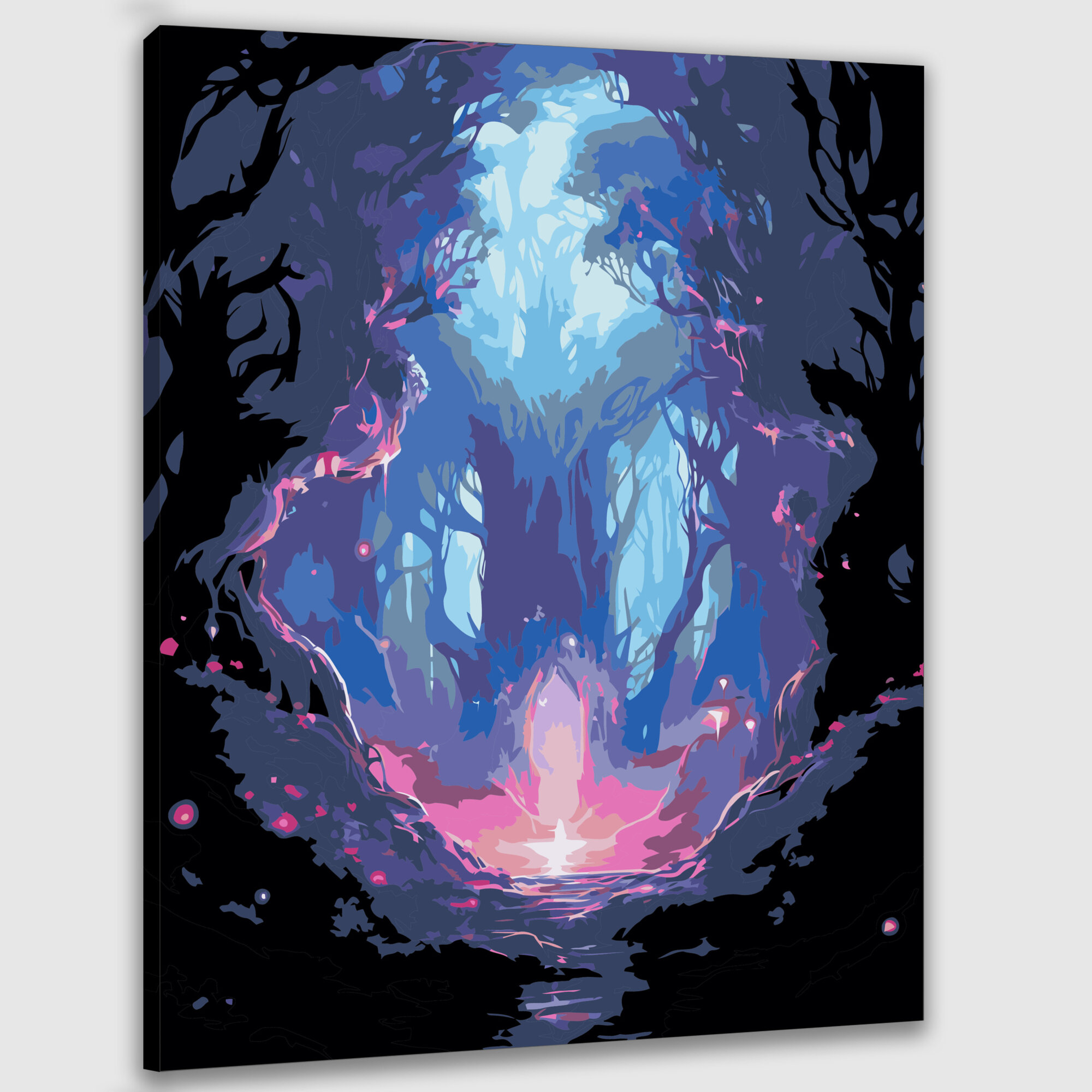 Картина по номерам 40x50 см, цифровое изображение, фантастическая волшебная, высокие деревья, светящиеся кристаллы