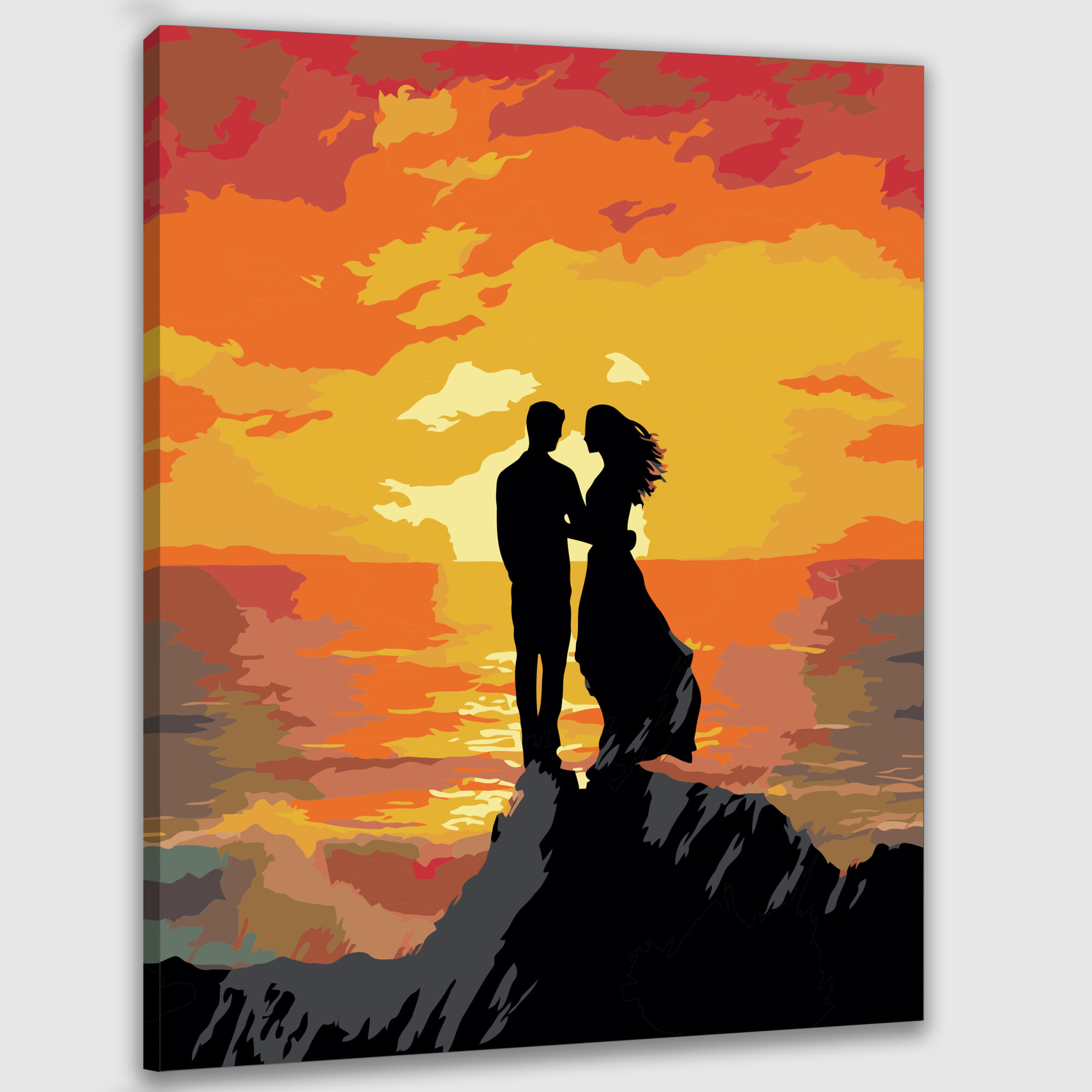 Картина по номерам 40x50 см, влюбленная пара, пляж на закате, солнечный отблеск, золотистые оттенки, нежные волны