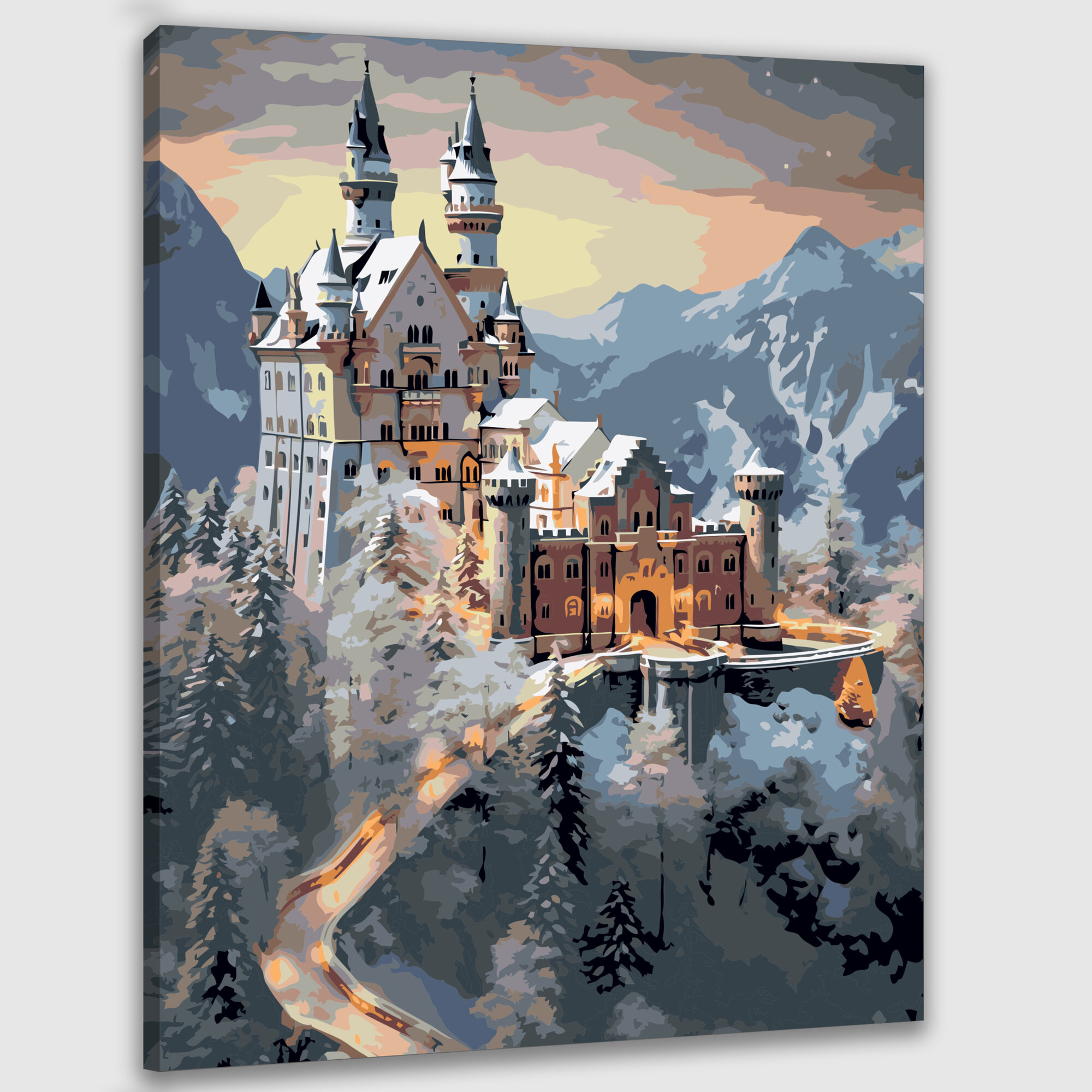 Картина по номерам 40x50 см, зимняя сказка, величественный заснеженны, теплые золотистые огни, белый снег