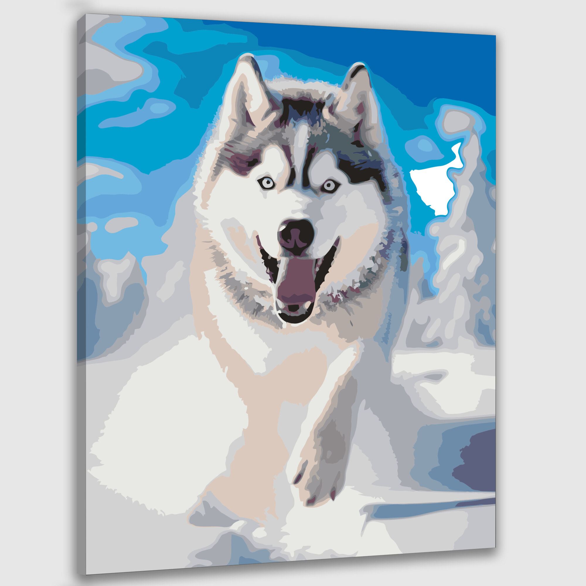 Картина по номерам 40x50 см, хаски, скачущая, заснеженное поле, мощные шаги, шлейф пыли, голубые тона неба, белый снег