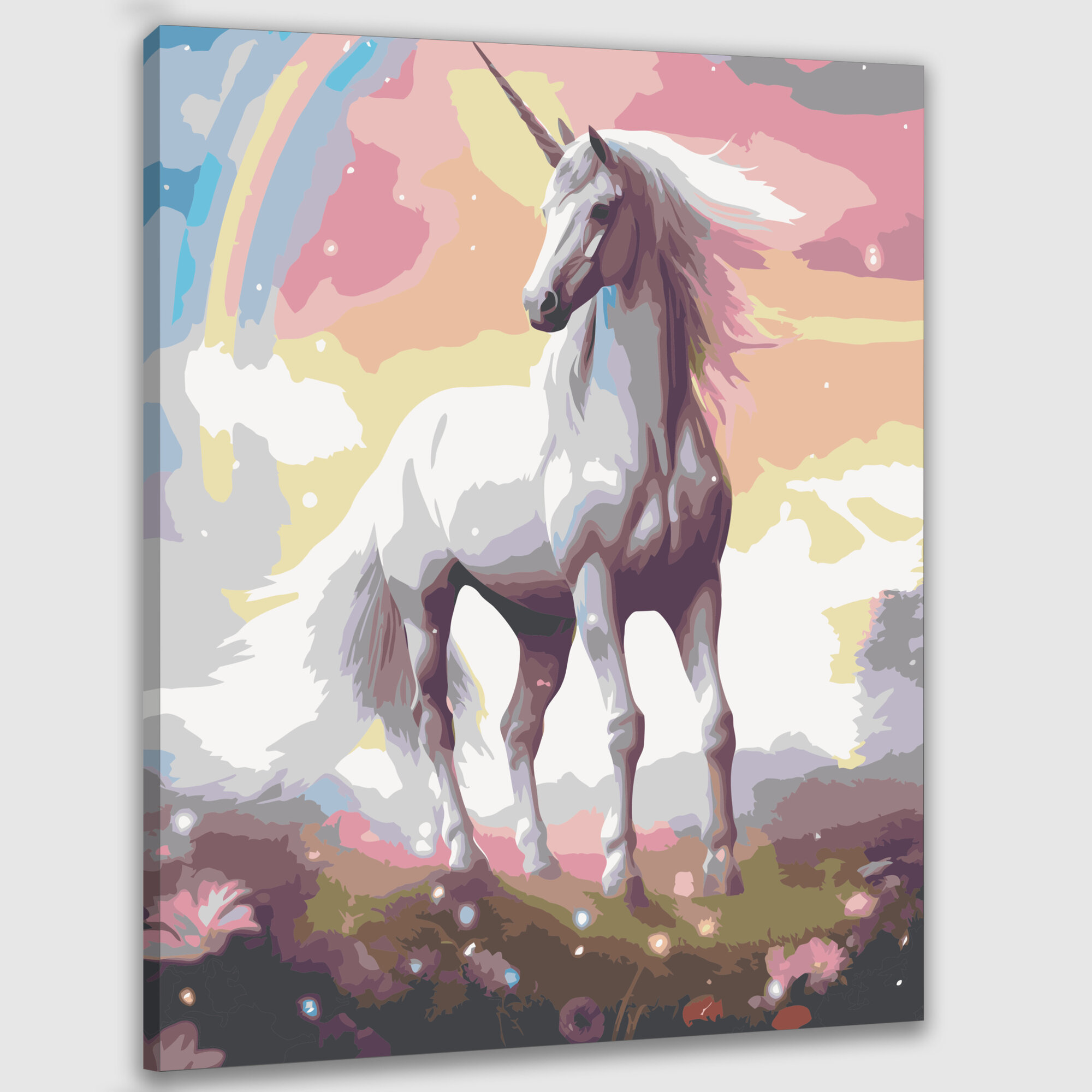 Картина по номерам 40x50 см, единорог, скачущий, луг, солнце, грива, хвост, оттенки, радуга, дождь, волшебная сцена