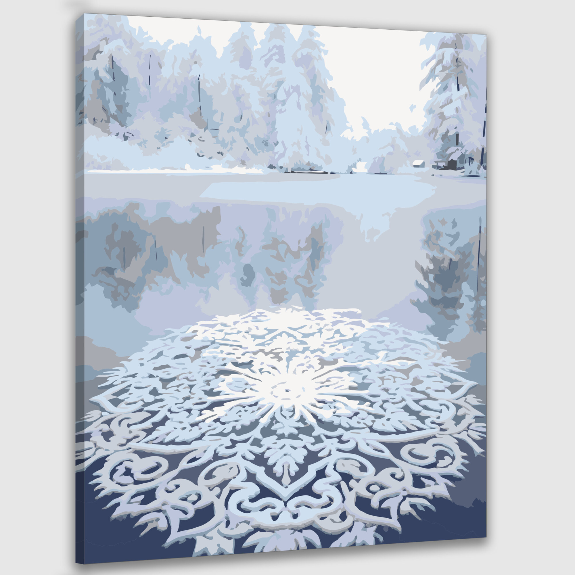 Картина по номерам 40x50 см, фотография, зимняя мандала, замерзшее озеро, величественные деревья, снег, трещины