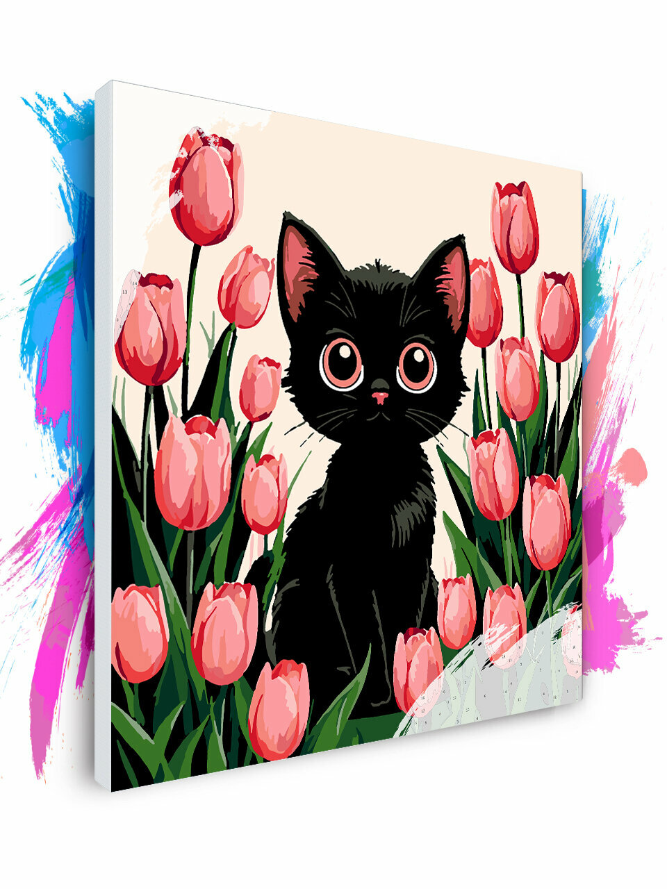 Картина по номерам на холсте Чёрный кот в тюльпанах, 100 х 100 см