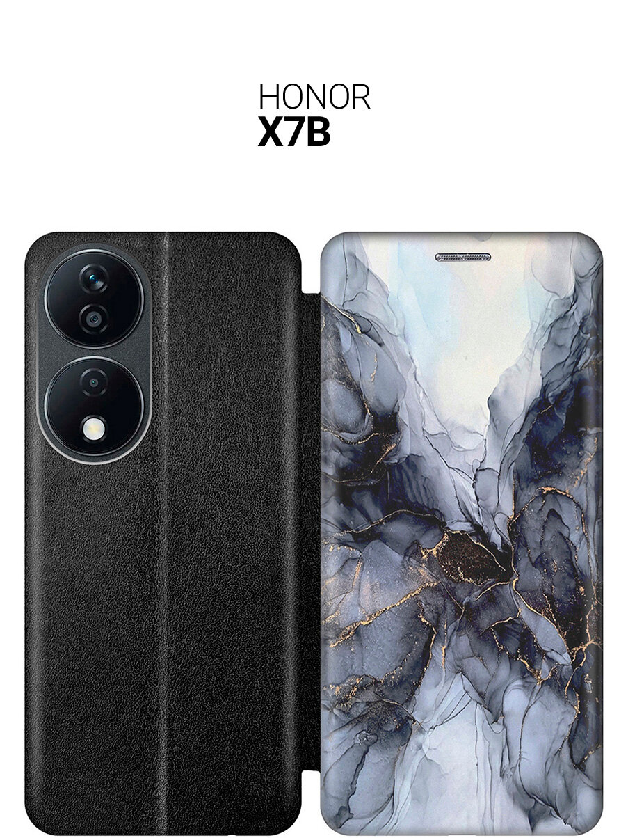Чехол-книжка на Honor X7b с принтом "Черно-белый мрамор" черный