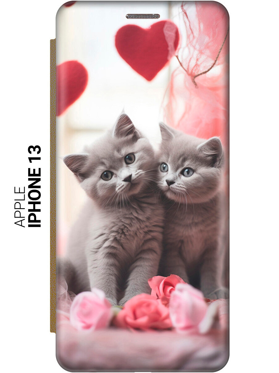 Чехол-книжка на Apple iPhone 13 / Эпл Айфон 13 с рисунком "Котики и сердечки" золотой
