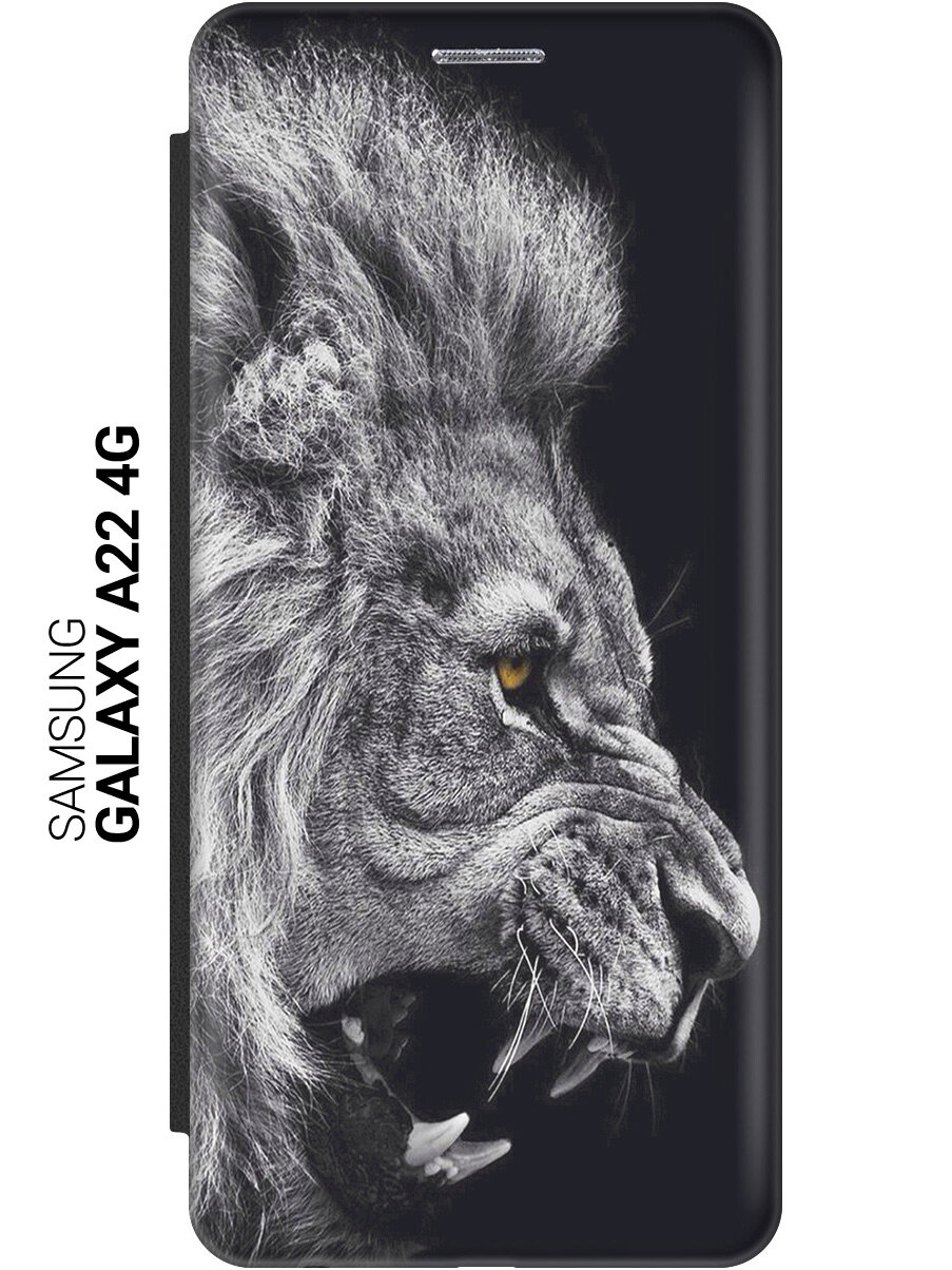 Чехол-книжка на Samsung Galaxy A22, M32, M22, Самсунг А22, М32, М22 с 3D принтом "Морда льва" черный