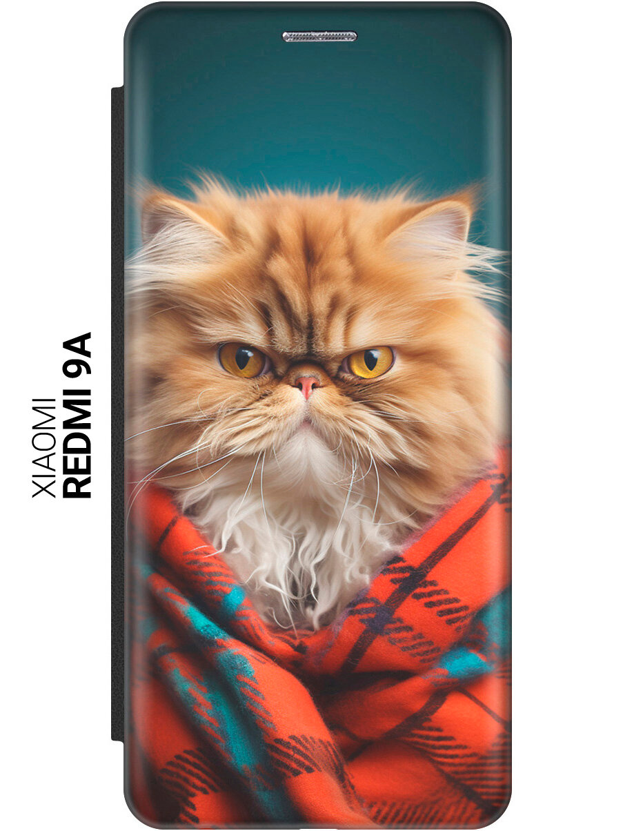 Чехол-книжка на Xiaomi Redmi 9A / Сяоми Редми 9А с рисунком "Недовольный котик" черный
