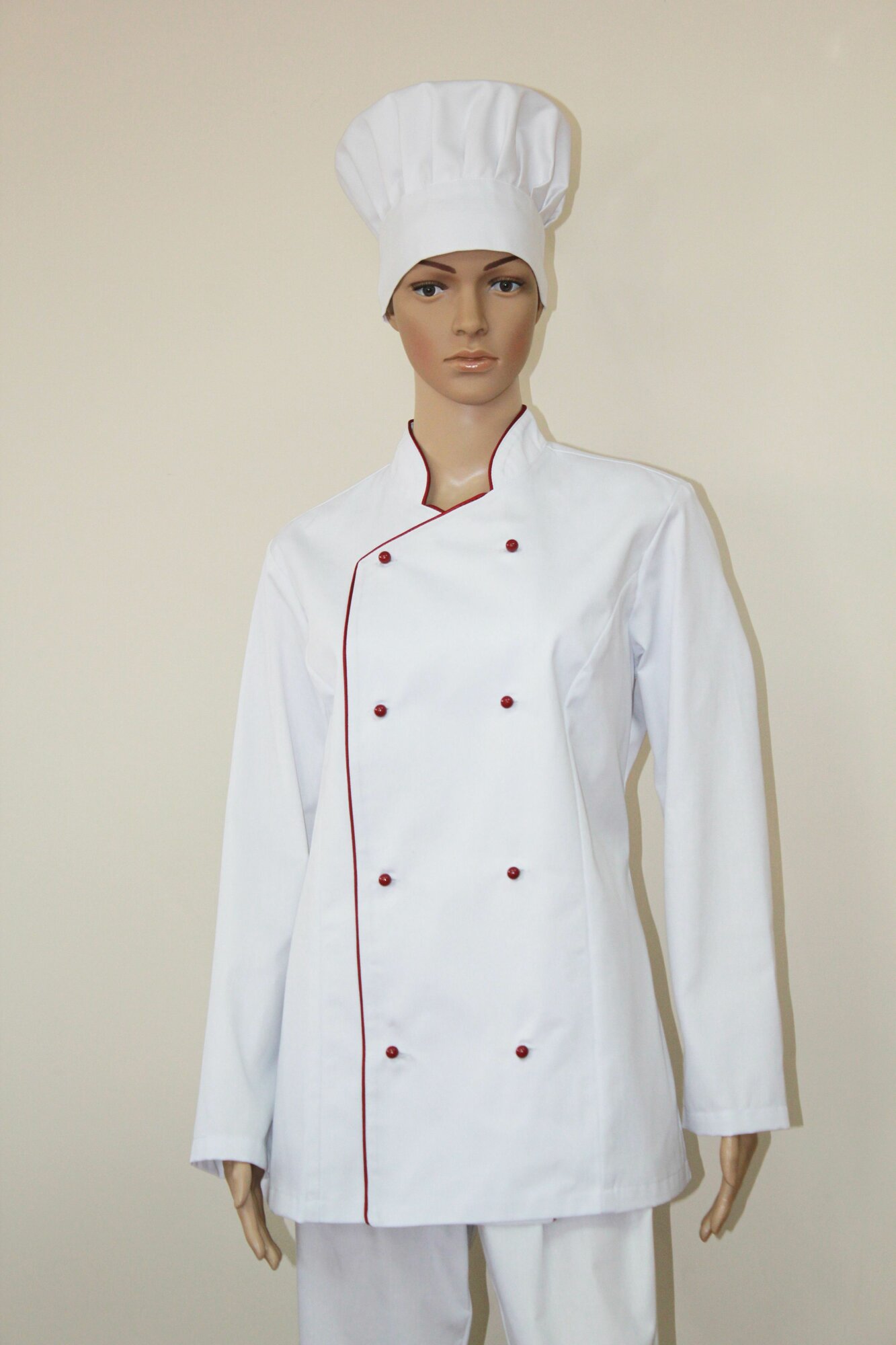 Китель поварской женский белый с красно-черным кантом