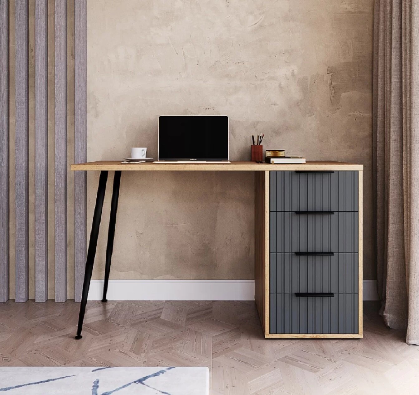 Стол письменный 4ящика Дуб Вотан/ПВХ графит софт, опора конус чёрный Лофт Вельвет на изящных ножках