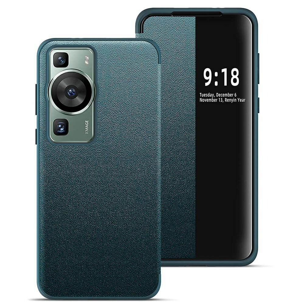 Флип-чехол для телефона для Huawei P60 Pro(Хуавей П60 Про)/Huawei P60, полупрозрачное смотровое окошко, онкий кожаный флип-чехол, тзащита от падения, противоударный защитный чехол, зеленый