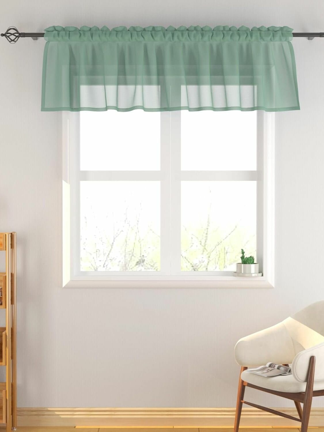 Штора ламбрекен для кухни из однотонного тюля вуаль на ленте под крючки арт. ТУ-ЛАМБР-770 цвет зеленый