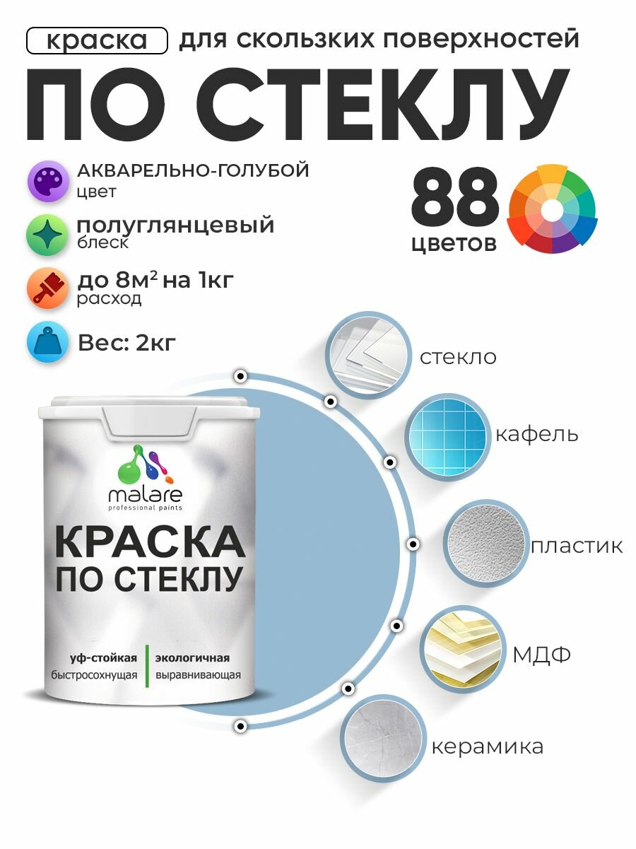 Краска Malare по стеклу и керамике, для декора и творчества, акриловая без запаха, быстросохнущая, моющаяся, полуглянцевая, акварельно-голубой, 2 кг