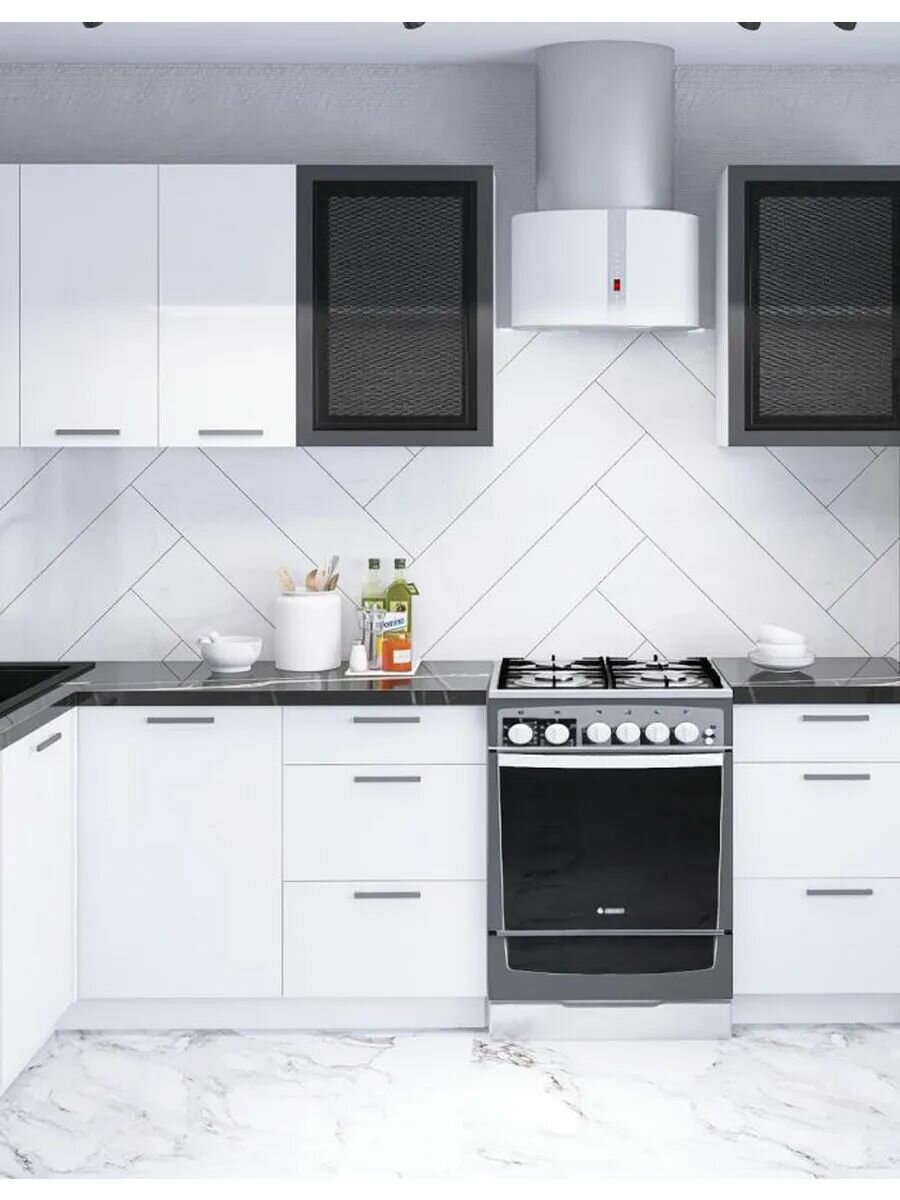 Угловой кухонный гарнитур Стрэйт 2.1х1 м, мебель для дома и кухни, Белый / Черный матовый / Белый глянец