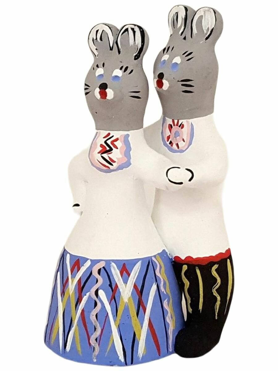 Заяц с зайчихой парочка, Каргопольская глиняная игрушка, ручная авторская работа