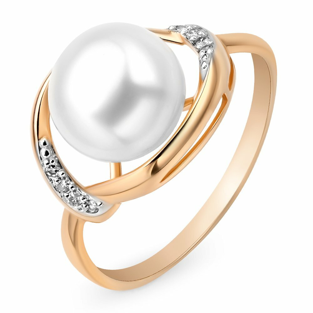 Кольцо, красное золото, 585 проба, родирование, бриллиант, жемчуг культивированный