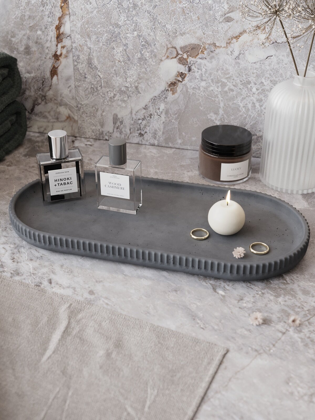 Декоративный поднос, подставка в ванную, органайзер для косметики Chloe XL, 36x16,5 см, бетон, графитовый матовый