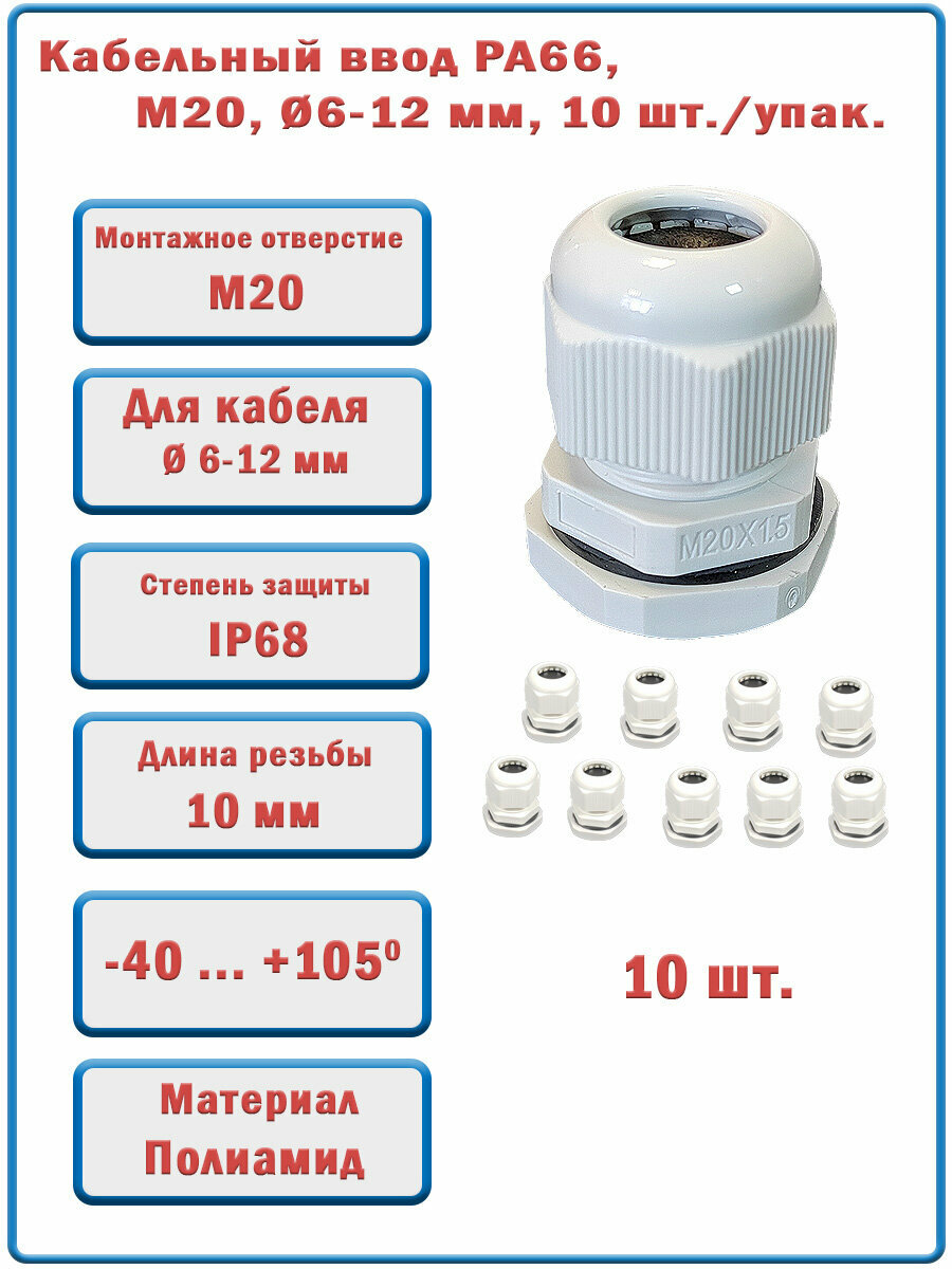 Кабельный ввод пластиковый, М20, 6-12 мм, светло-серый, 10 шт./упак, M20-6-12-10-gr-10