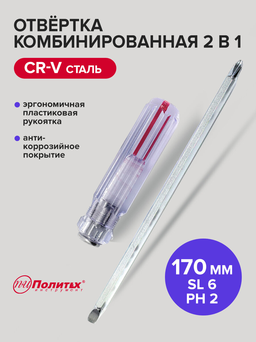 Отвертка комбинированная двусторонняя с переставным жалом, Политех Инструмент