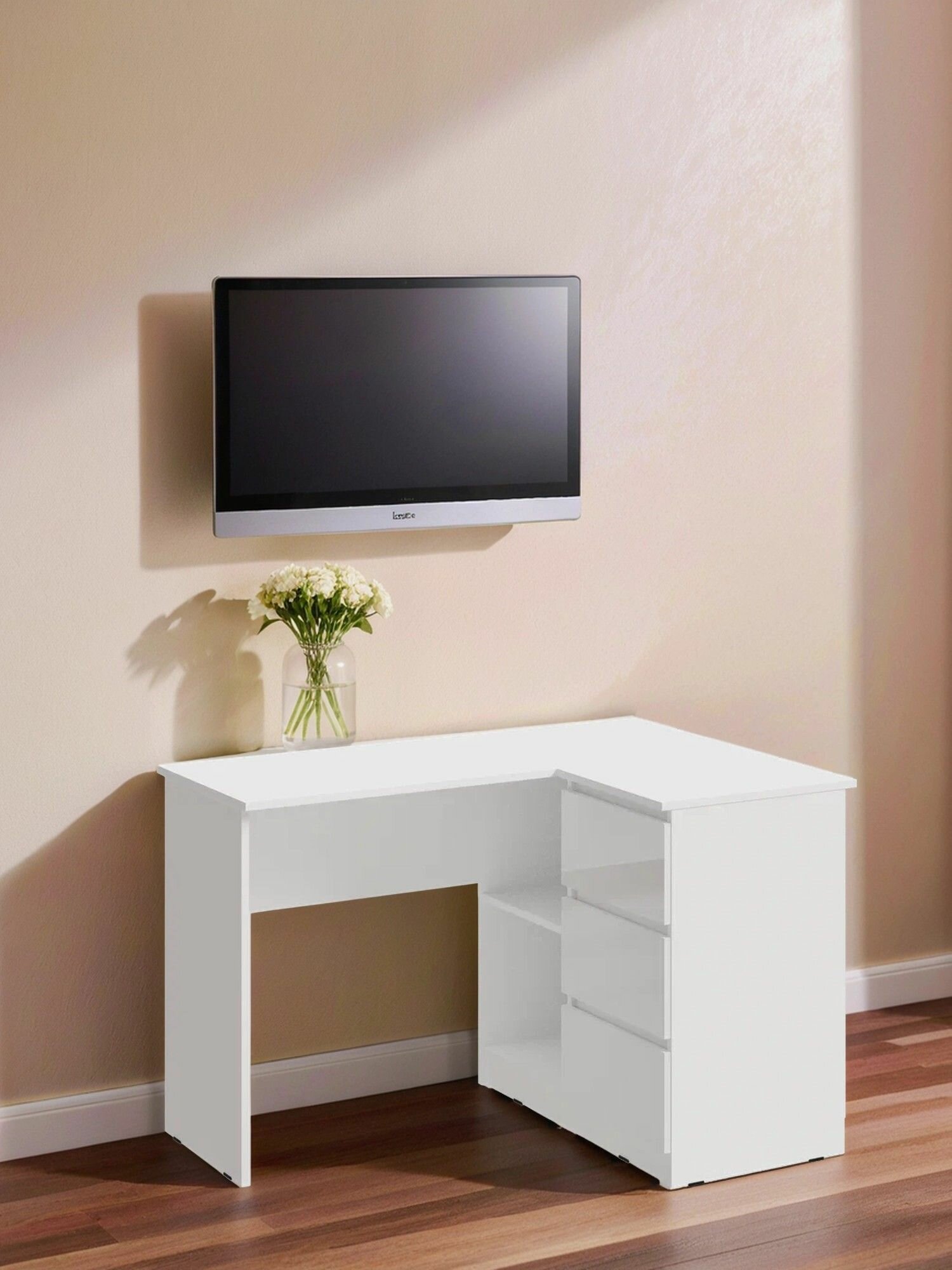 Стол компьютерный угловой "Челси" Белый глянец холодный / Белый