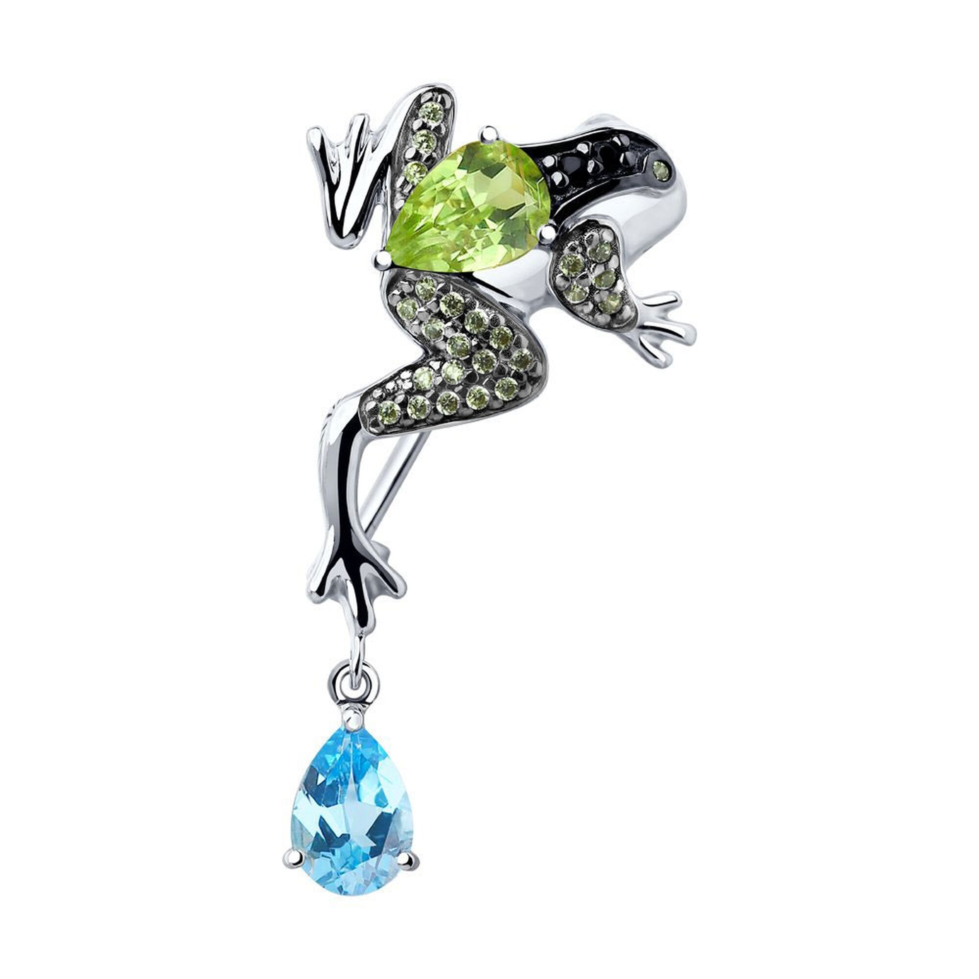 Брошь, серебро, 925 проба, родирование, топаз, фианит, хризолит