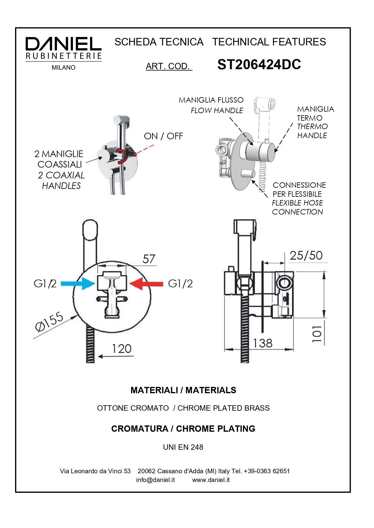 Daniel suvi, комплект гигиенического душа с термостатом цвет хром st206424dc-cr