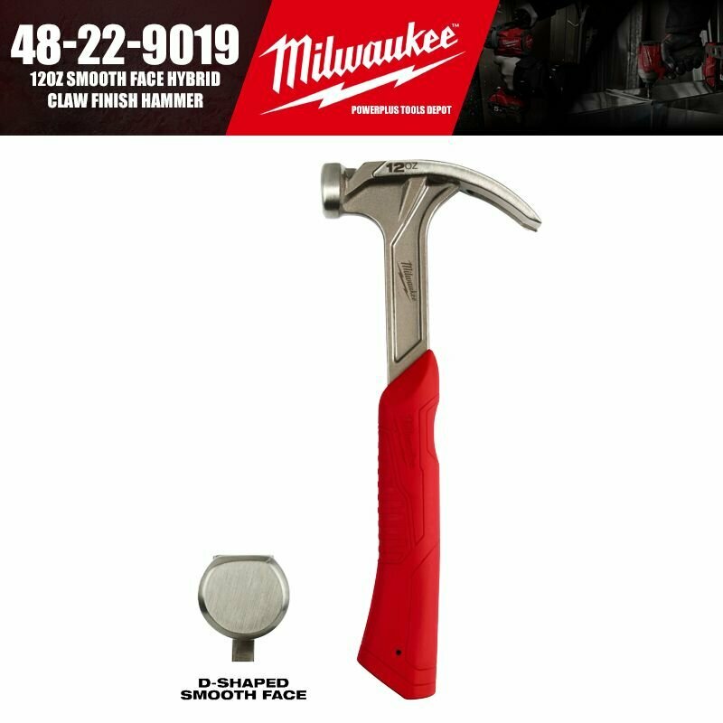 Milwaukee 48-22-9019 Молоток с гладкой поверхностью и гибридным когтевым покрытием 12 унций/Стальной молоток с изогнутым когтем