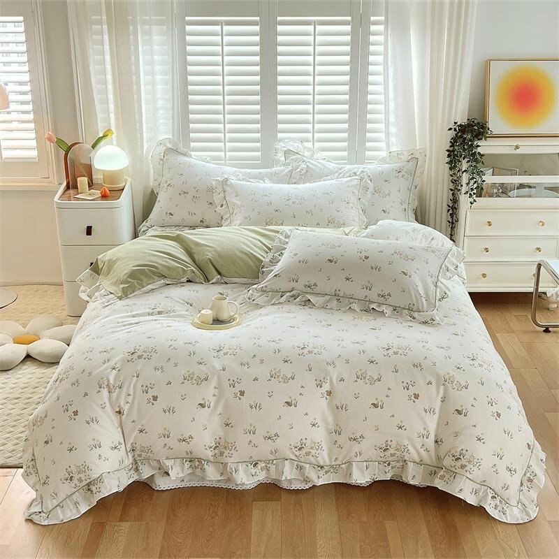 INS корейского стиля с винтажным цветочным принтом, 100% хлопок, комплект постельного белья из 4 предметов，200*230cm