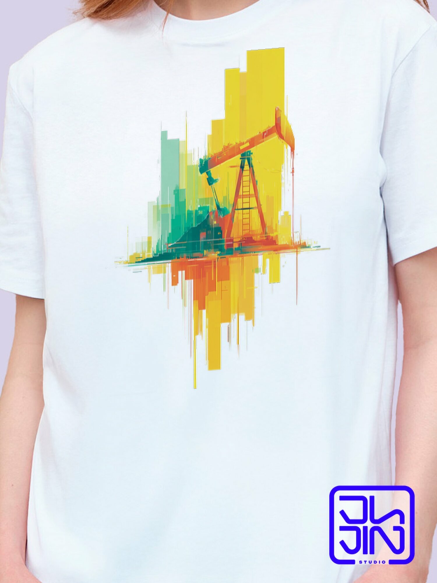 Футболка классическая женская с авторским принтом Абстрактная геометрическая нефтяная вышка в белых и желтых тонах энергетики, белый хлопковый трикотаж с прикольным рисунком на груди