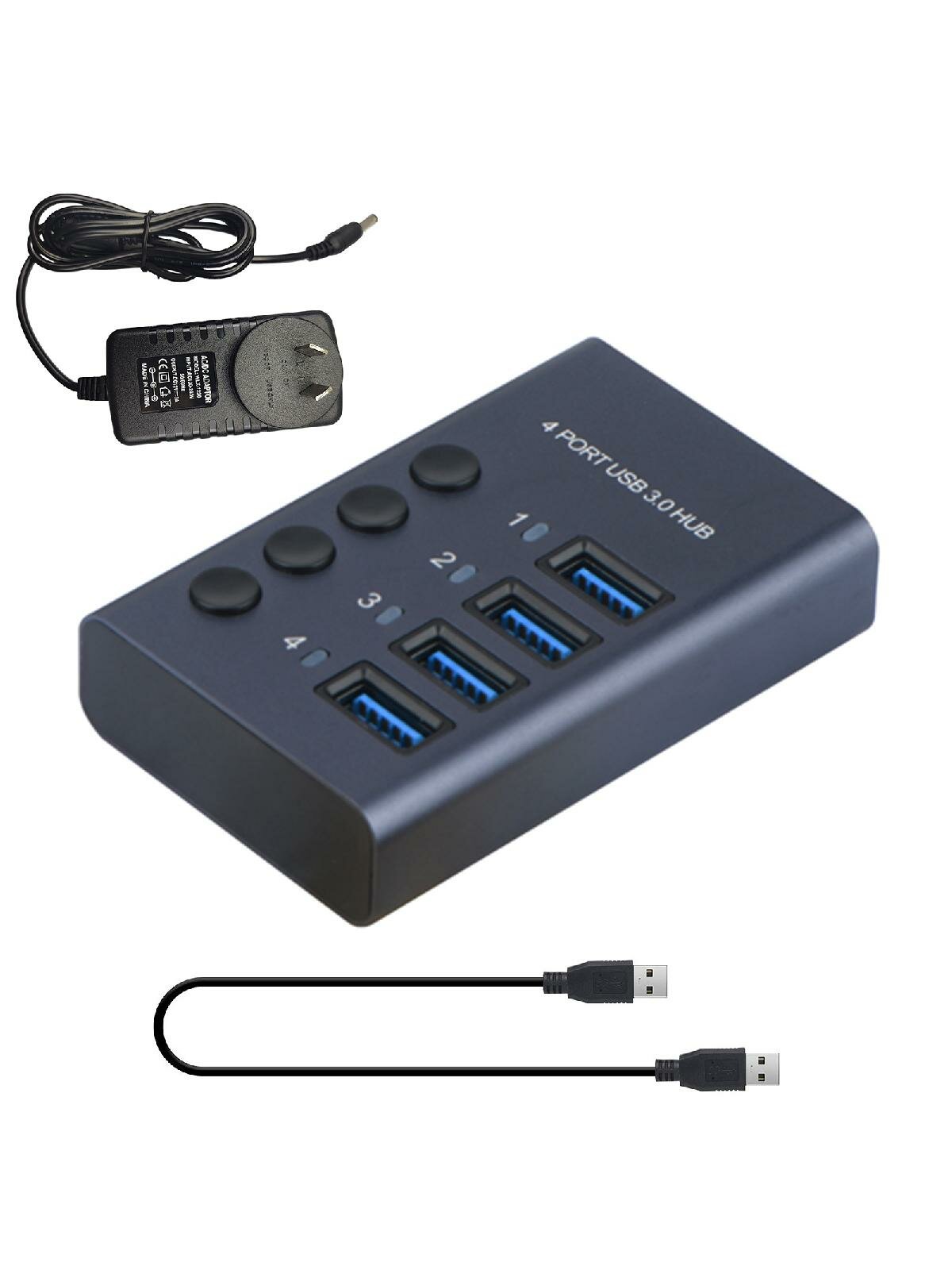 4-Port Hub, 4x USB 3.0 Hub Expander with Switch & 12V3A 36W Power Adapter Supports Charging for Tablet Phone PC Laptop