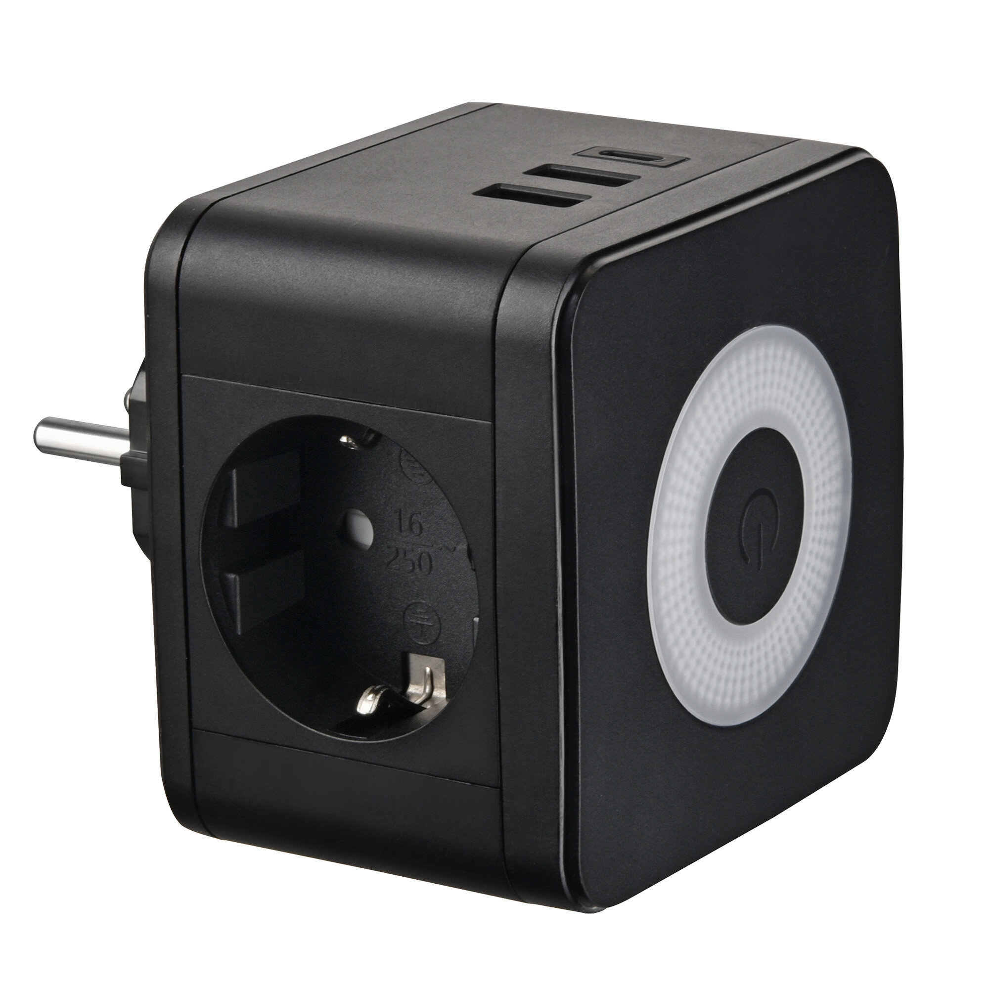 Двойник 2М 2П 16А З/К 250В черный 3500ВТ кубический С выключ + 2USB +1TYPE S-GES2-16SBUC BLACK UNIEL