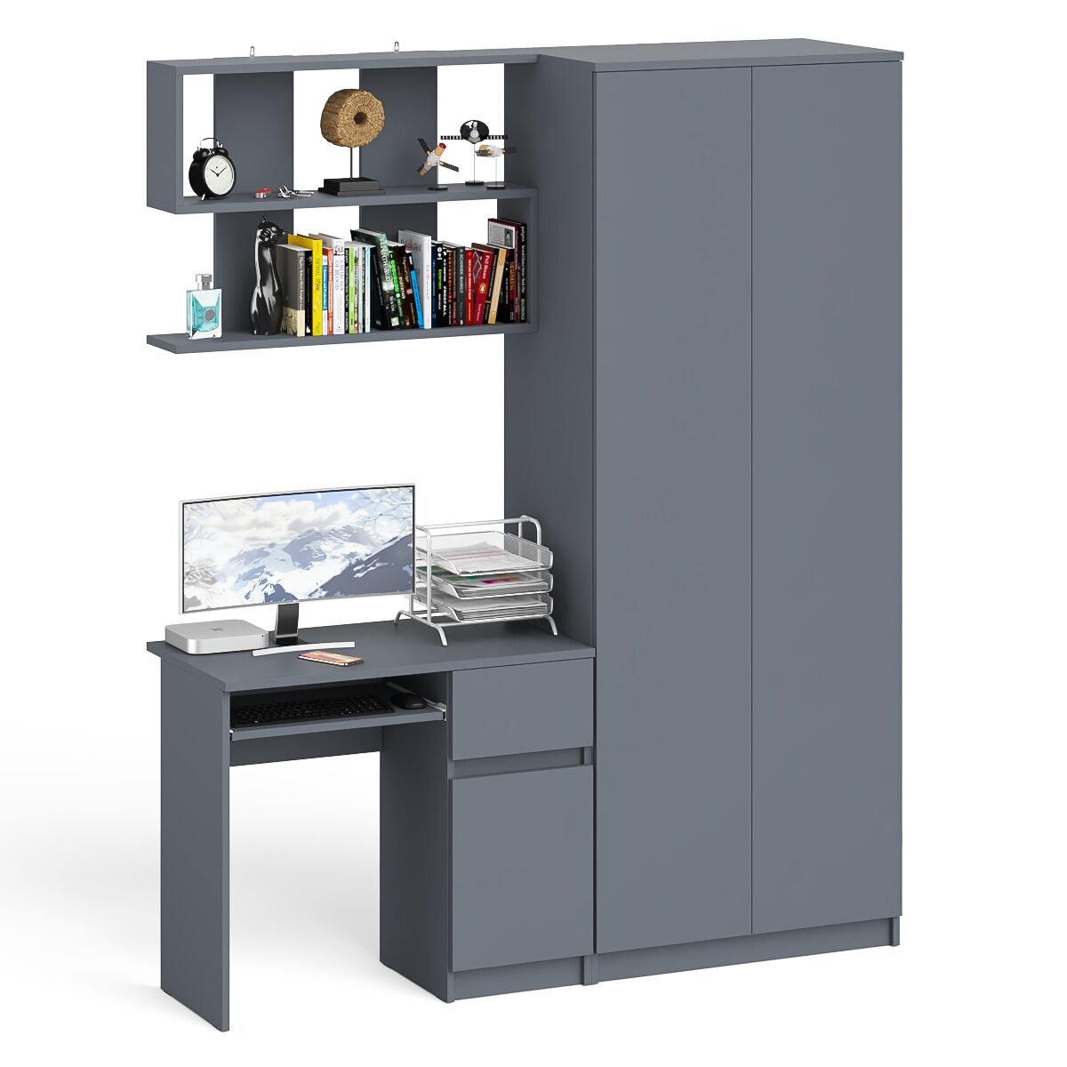 Компьютерный стол однотумбовый правый с полкой и платяной шкаф Мори МШ800.1, графит, 170,4х50,4х209,6 см