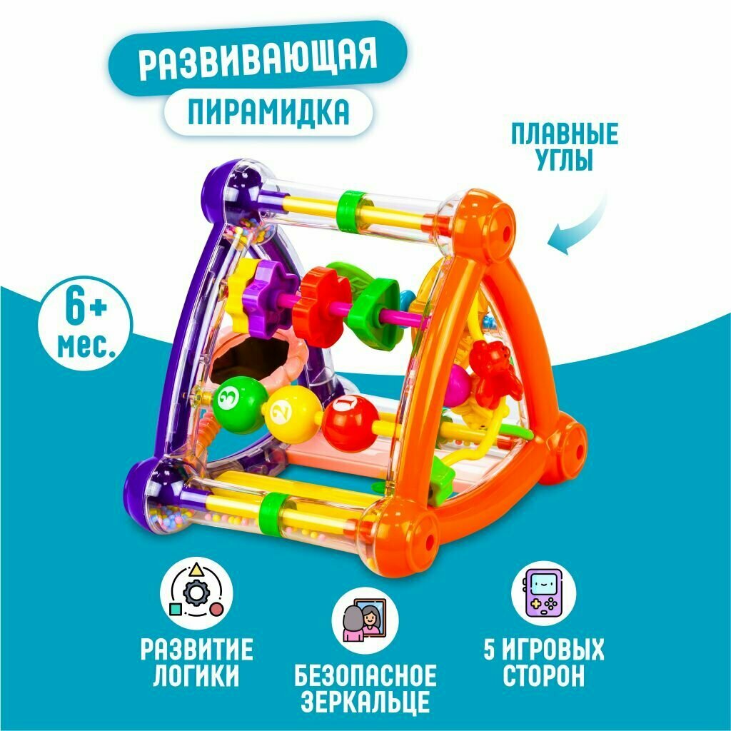 Развивающий центр-бизиборд Solmax 5 в 1 для детей от 6 до 12 месяцев, с пирамидкой, лабиринтом, счетами, зеркальцем и ша