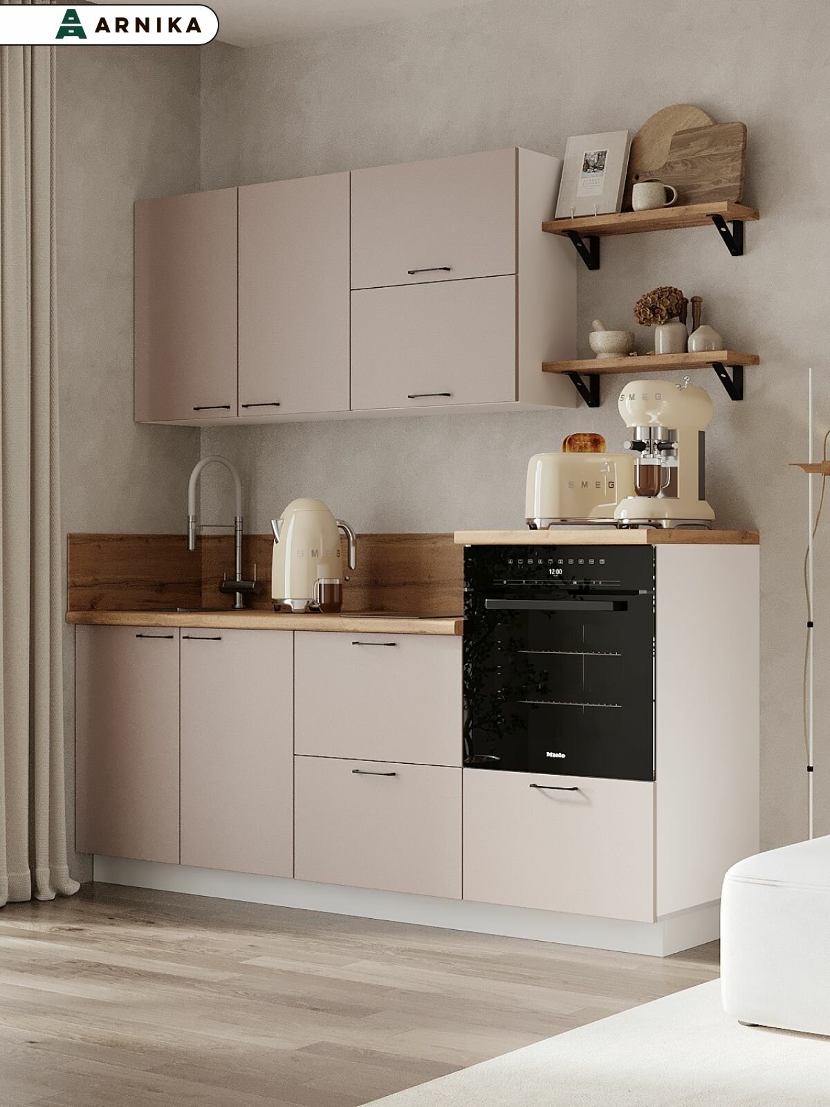 ARNIKA Кухонный гарнитур со столешницей "Дакия" 2,1м х 2,4м, цвет магнолия (бежевый), фасад пленка ПВХ