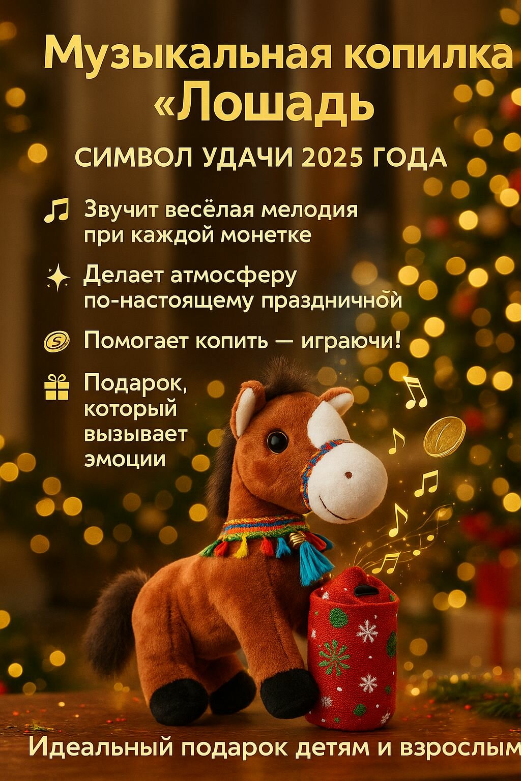 Большая мягкая лошадь с музыкальной копилкой