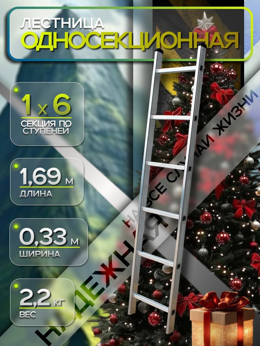 Лестница приставная алюминиевая односекционная 1х6, 6 ступеней.